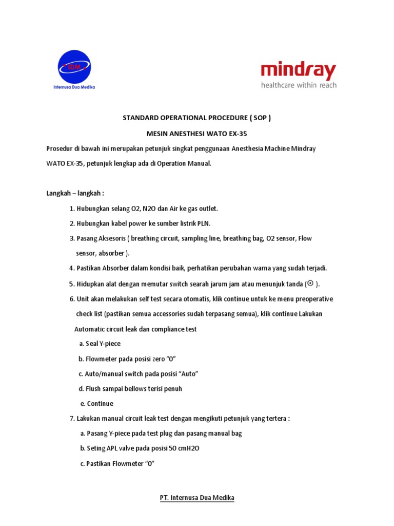 Standard Operational Procedure (Sop) Mesin Anesthesi Wato Ex-35 | PDF