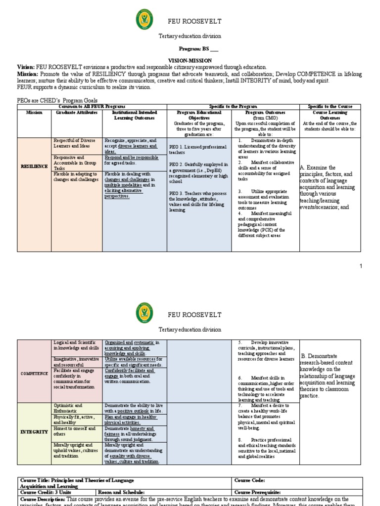 FEU Roosevelt Vision and Mission Overview | PDF | Learning | Language ...