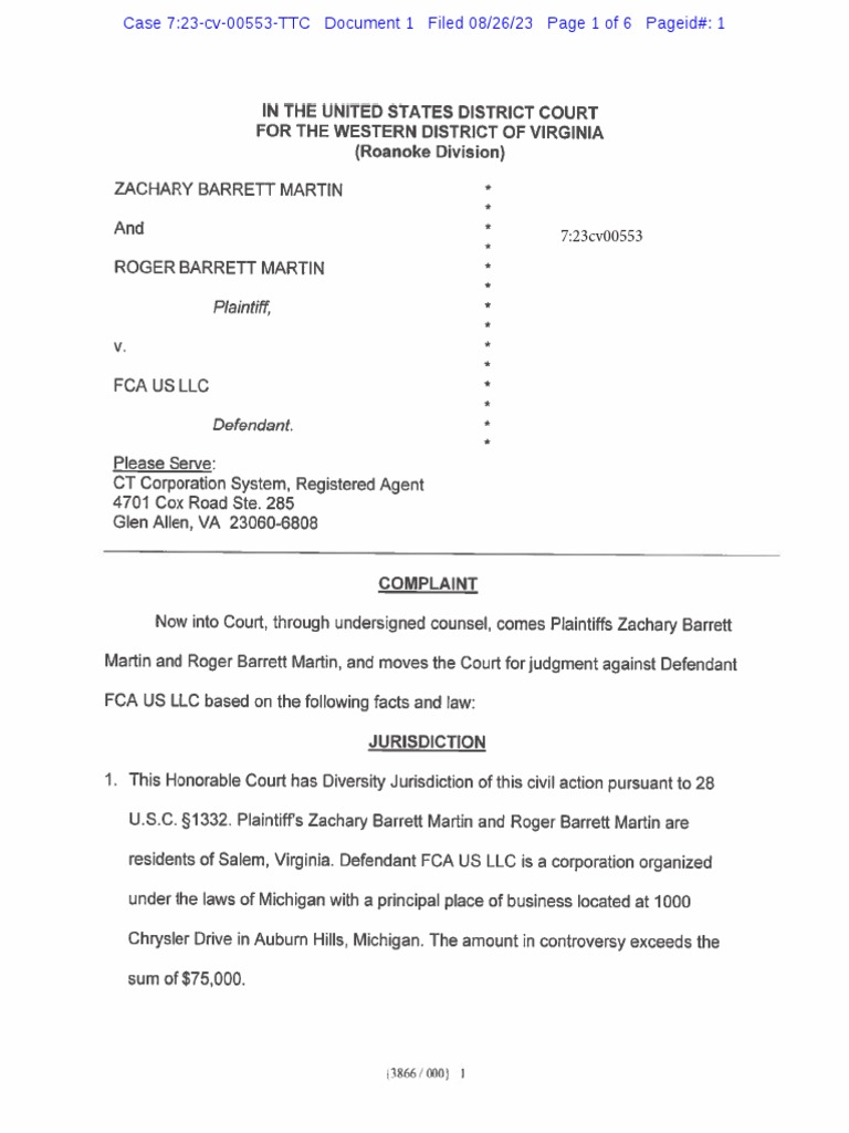 Martin Et Al V FCA US LLC Vawdce-23-00553 0001.0 | PDF