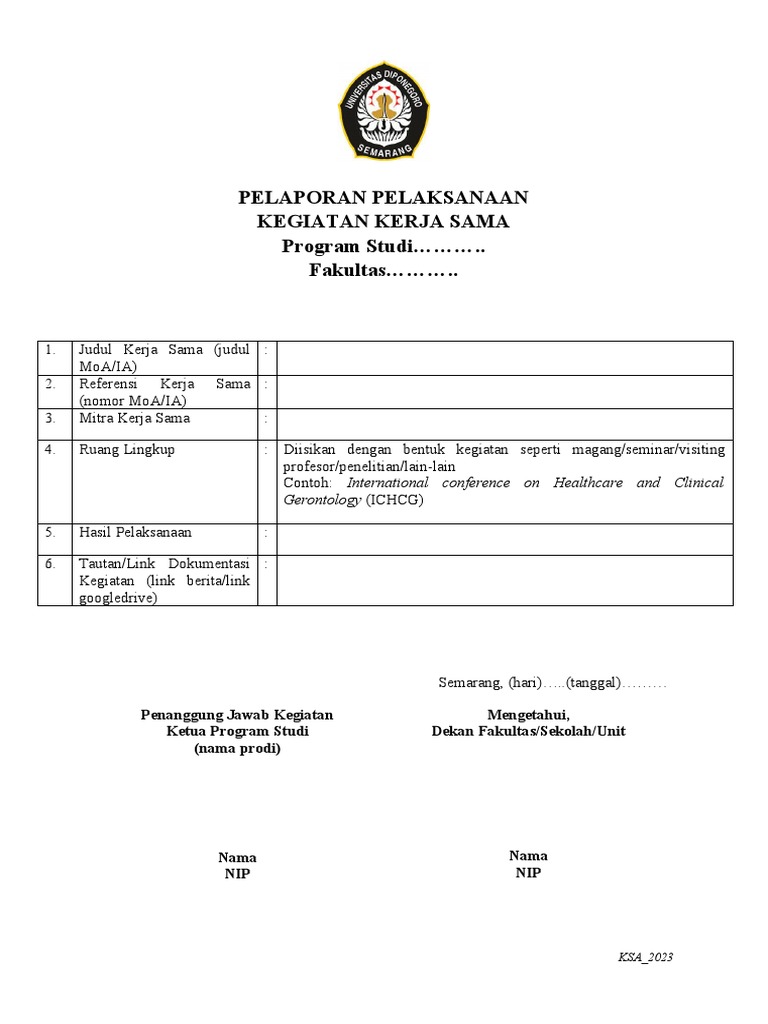 Format Pelaporan Kegiatan Kerja Sama - Revisi | PDF