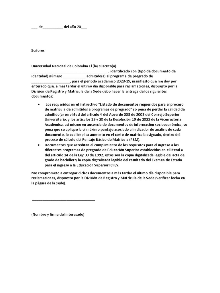 Carta Compromiso de Entrega Unal | PDF