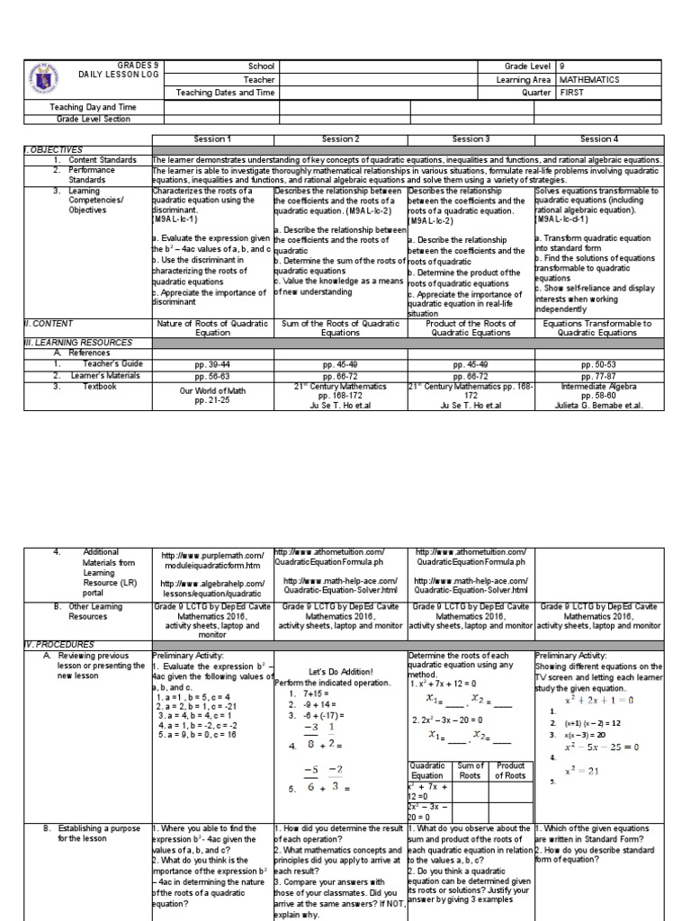 Grade 9 Math DLL | PDF | Quadratic Equation | Equations