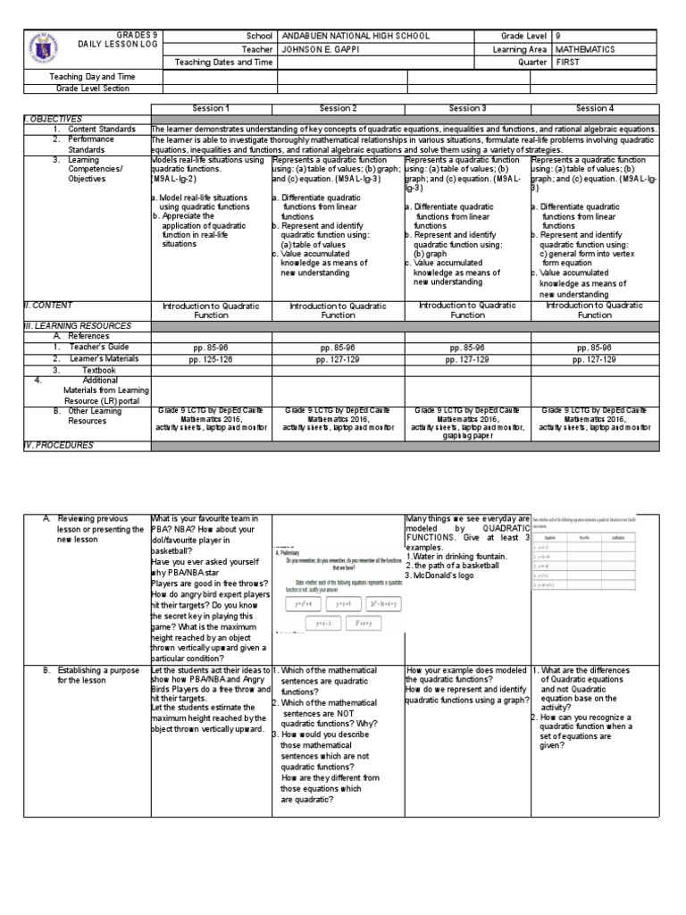 Grade 9 Dll-Mathematics | PDF | Quadratic Equation | Function (Mathematics)