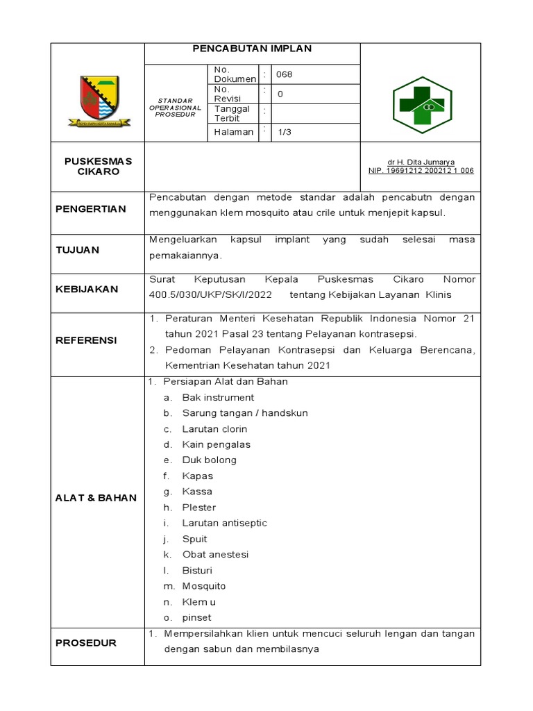 Sop Pencabutan Implan | PDF