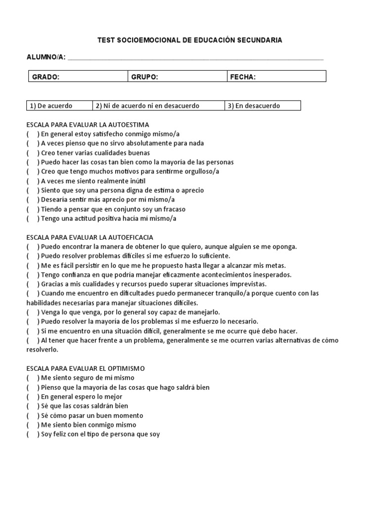 Test Socioemocional Formato | PDF | Toma de decisiones | Sicología
