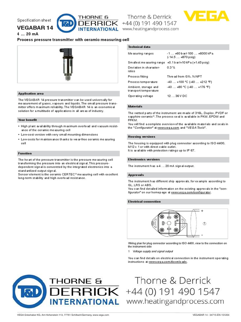 VEGA VEGABAR 14 Process Pressure Transmitter | PDF