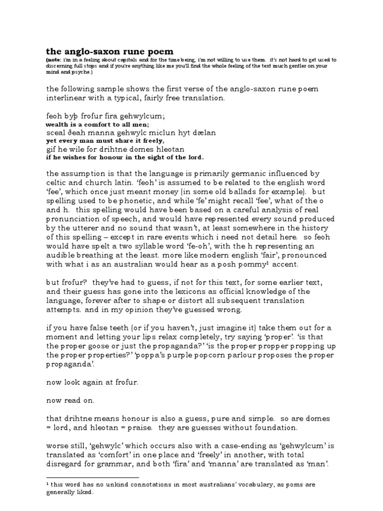 The Anglo-saxon Rune Poem Revisited | Translations | Grammatical Number