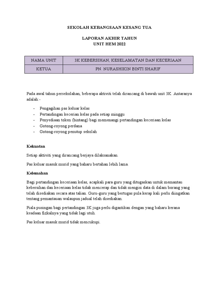 Laporan Akhir Tahun Unit 3K 2022 | PDF
