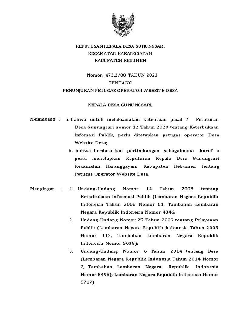 SK Penunjukan Operator Website Desa | PDF