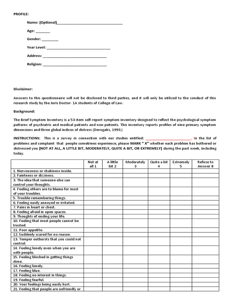Brief Symptom Inventory Survey | PDF | Feeling | Pain