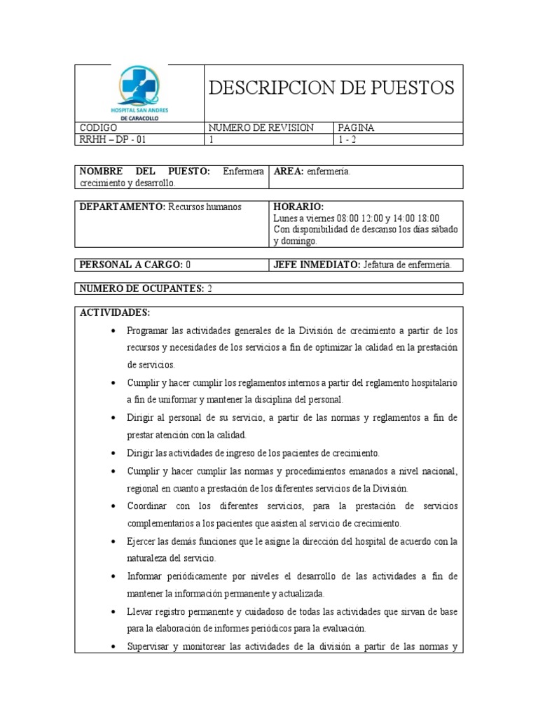 descripcion puestos | PDF | Hospital | Farmacia