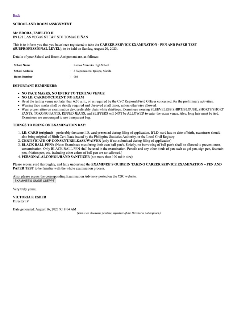 Civil Service Exam Venue | PDF