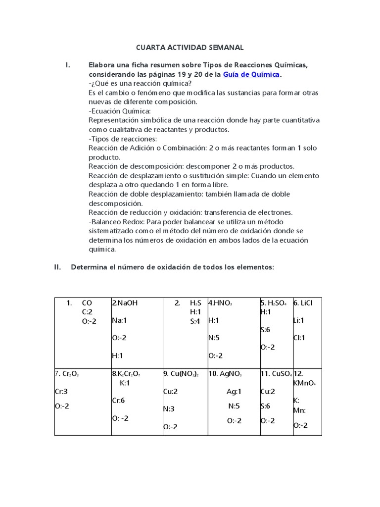 CUARTA ACTIVIDAD SEMANAL Química | PDF