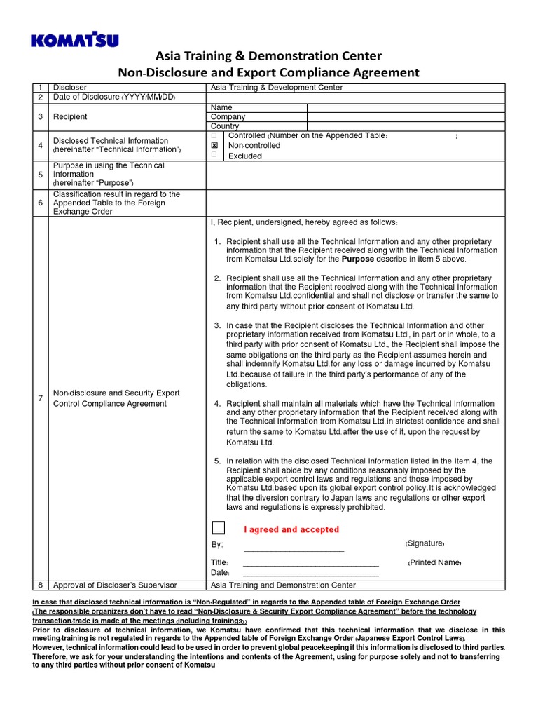 Non-Disclosure and Export Compliance Agreement | PDF