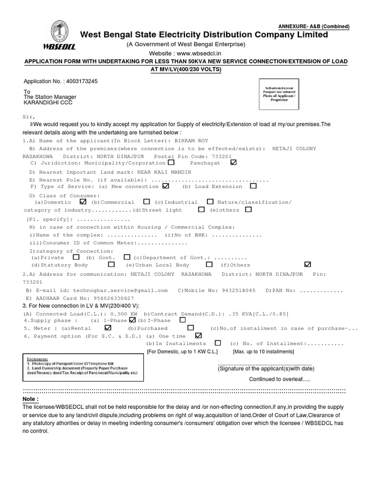 New Connection Application Form (WBSEDCL) | PDF | Electric Power ...