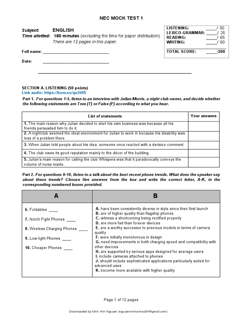 National English Competition Mock Test 1 | PDF