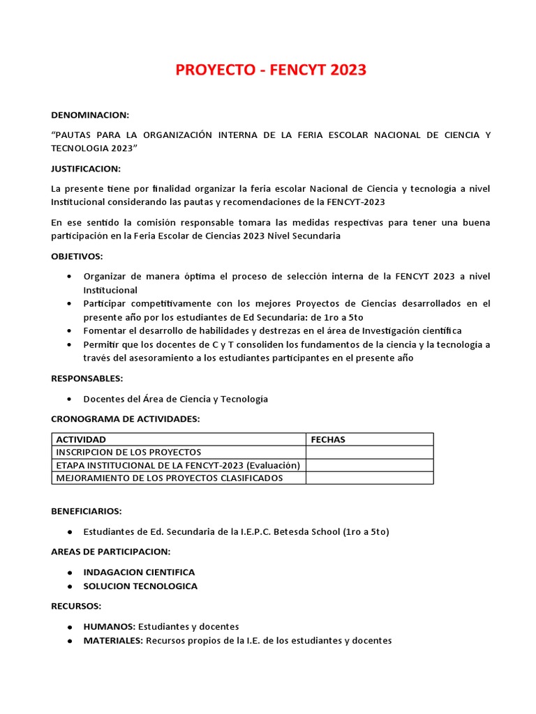 PROYECTO A DE LA FENCYT 2023 | PDF