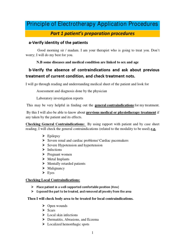 Principle of Electrotherapy Application Procedures 0 | PDF | Pain | Diseases And Disorders