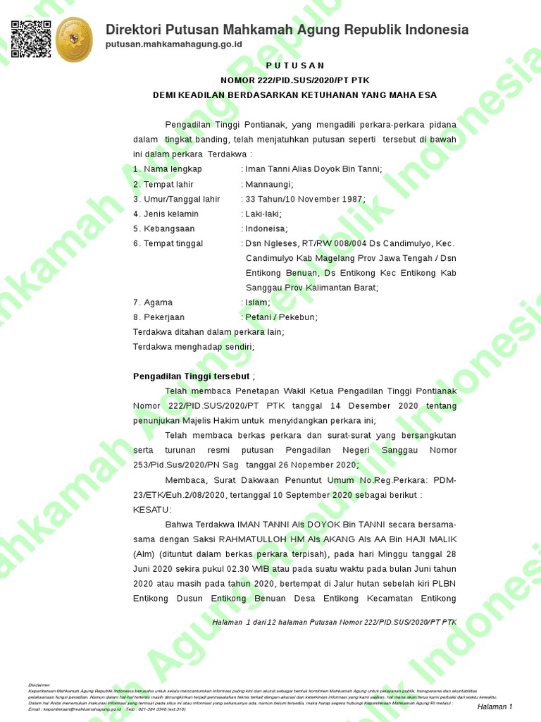 Putusan 222 Pid - Sus 2020 PT PTK 20230725155608 | PDF