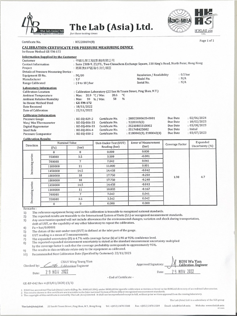 Pressure Gauge Certificate 9 0-18 | PDF