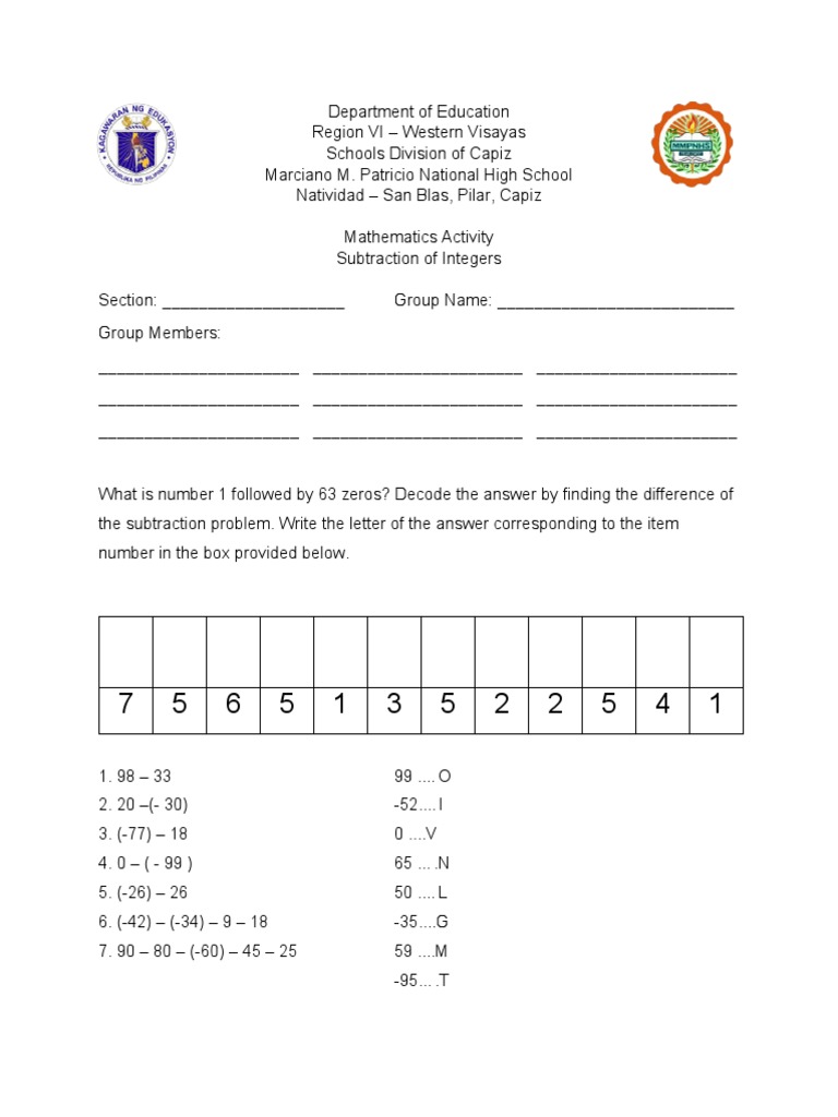 Math7 - Q1W4D2 - Activity - Subtraction of Integers | PDF