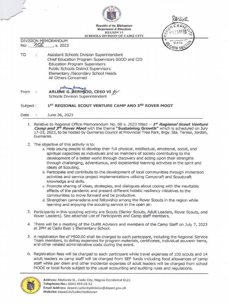 Div Memo No. 388, S. 2023 - 1st Regional Scout Venture Camp and 3rd ...