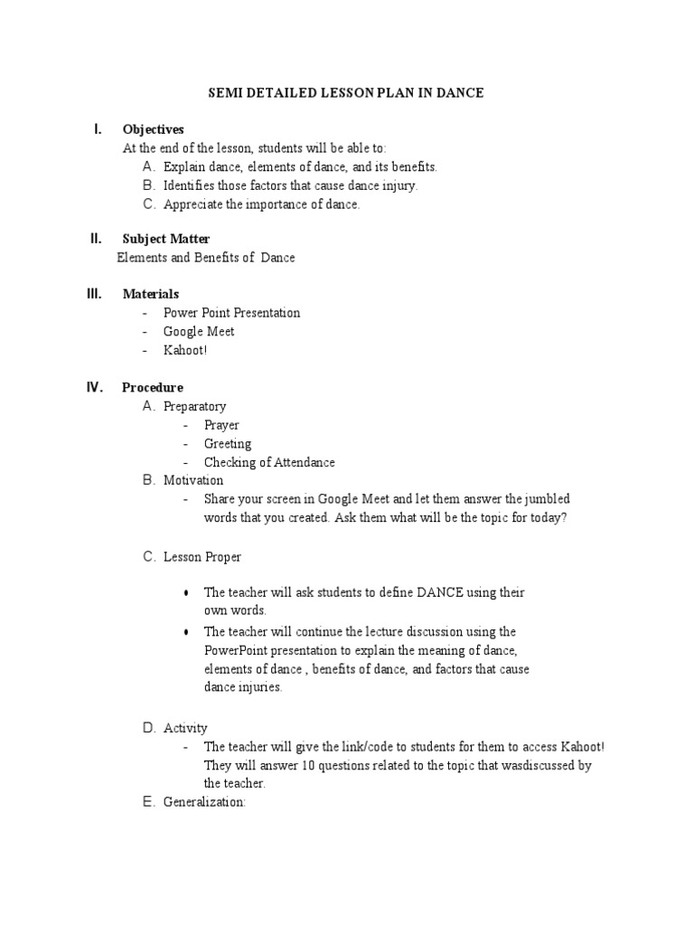 Elements and History of Dance Lesson Plan | PDF | Lesson Plan | Dances
