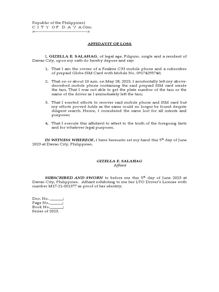 Affidavit of Loss - SIM and Phone | PDF