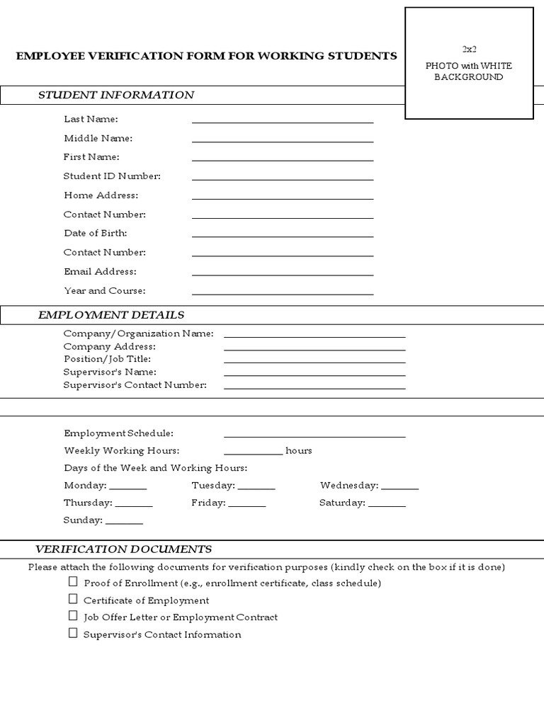 Employee Verification Form For Working Students | PDF | Signature ...
