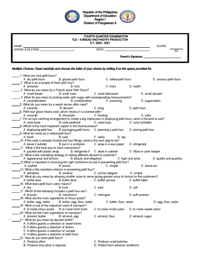 Bpp9 4thquarter Exam Final | PDF | Cakes | Desserts