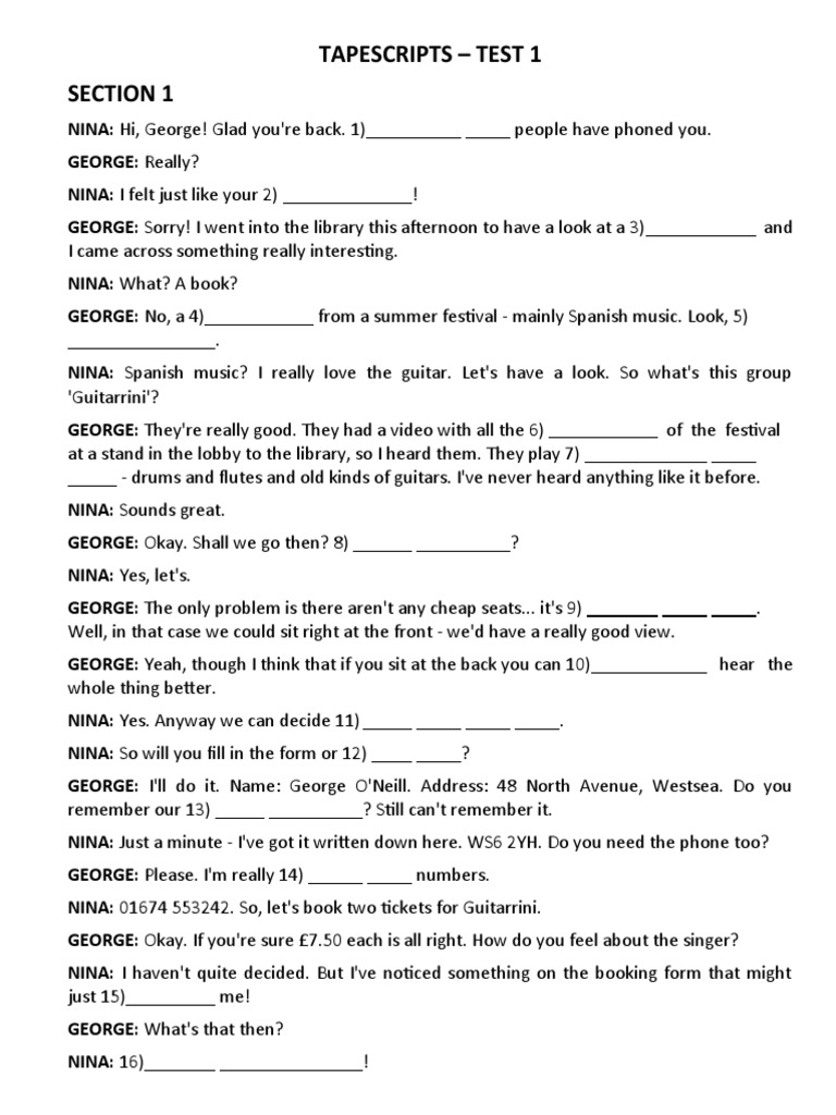 TAPESCRIPTS - CAM 8 - TEST 1 - SECTION 1 - Worksheet | PDF TAPESCRIPTS - CAM 8 - TEST 1 - SECTION 1 - Worksheet | PDF