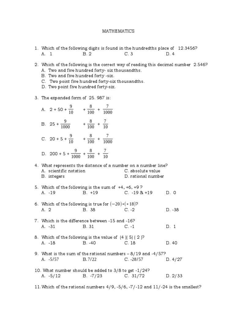 MATHEMATICS Screening Exam | PDF | Numbers | Lexicology