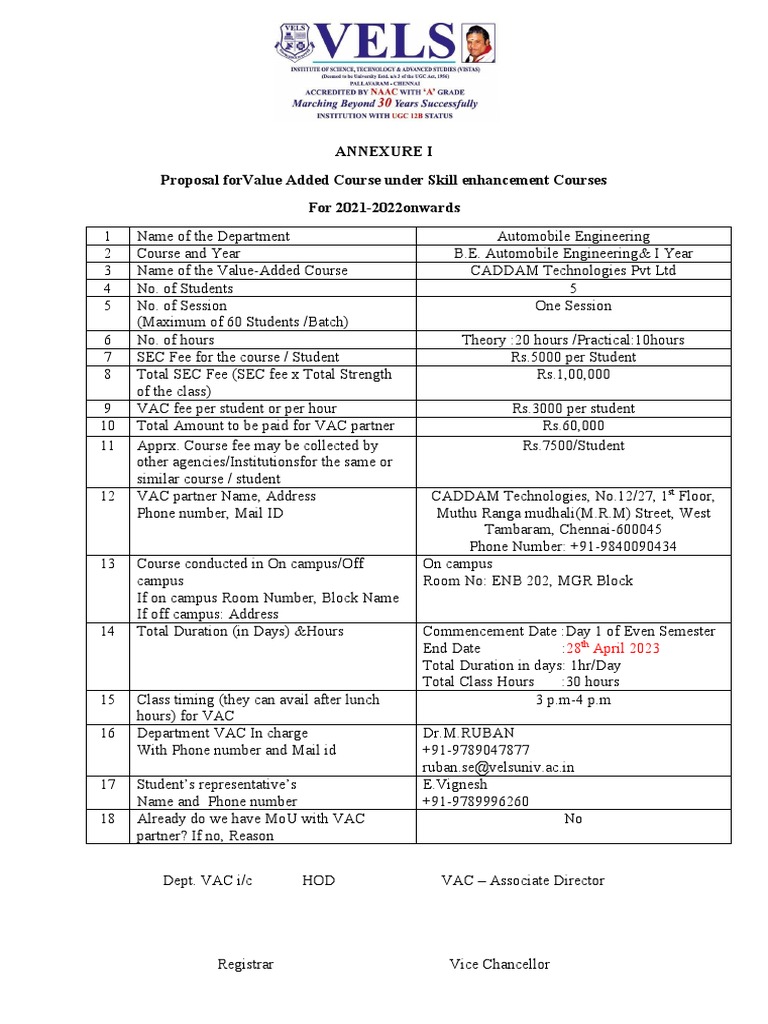ANNEXURE I Proposal for Value Added Course under Skill enhancement Courses (1) | PDF