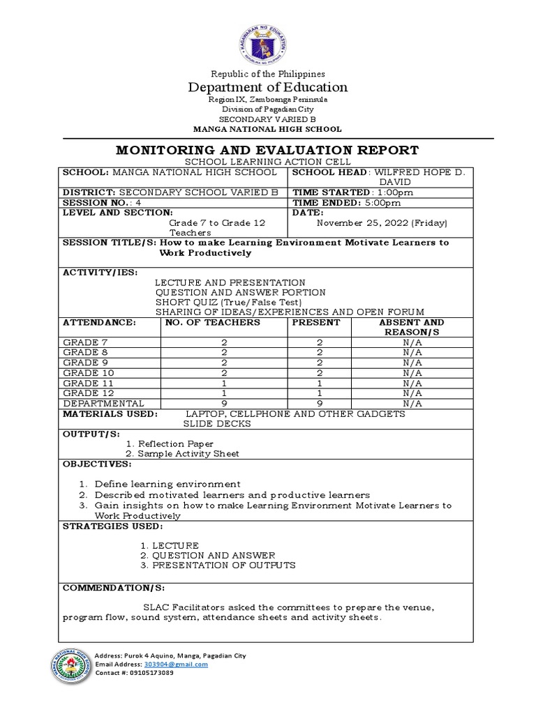 November 25 Monitoring and Evaluation Report Learning Environment That Motivate Learners To Work ...