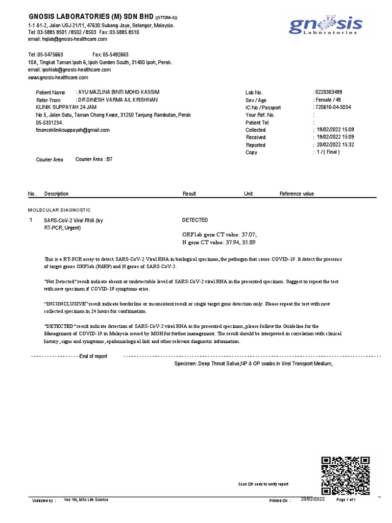 COVID-19 RT-PCR Test Result Report | PDF | Clinical Medicine | Medical ...