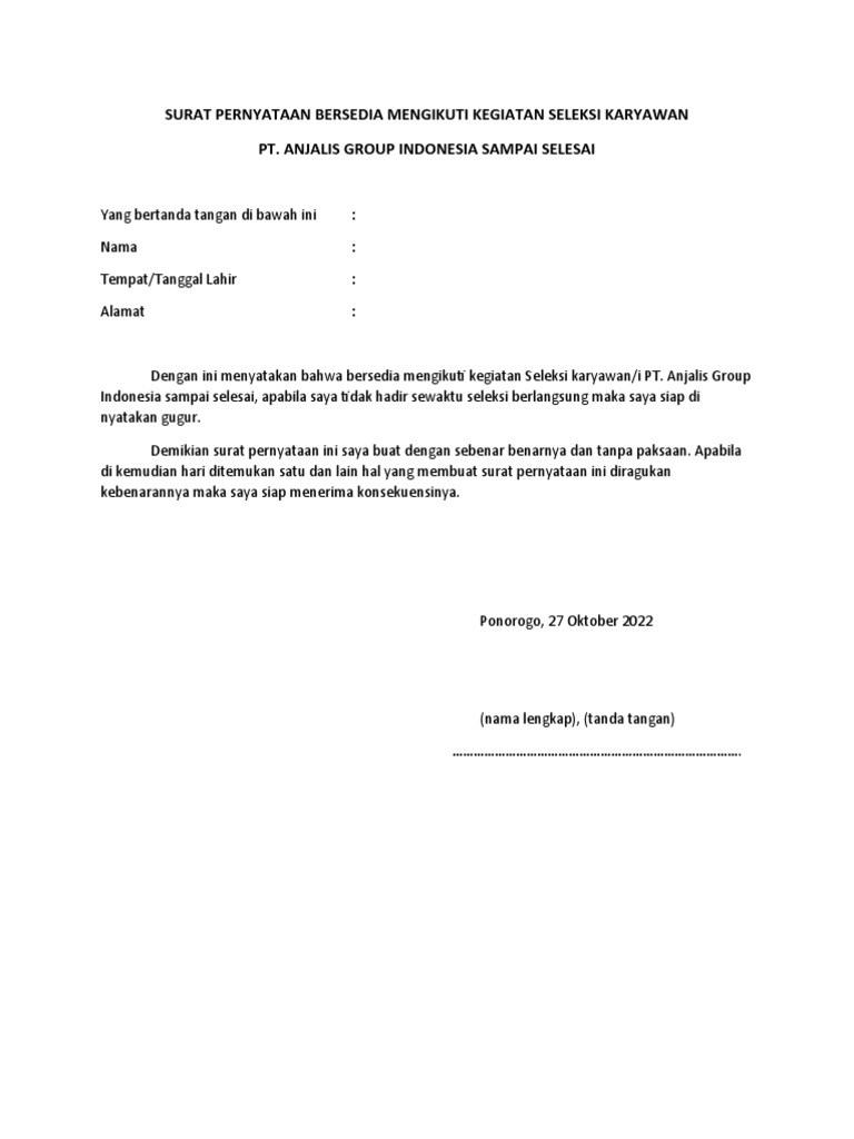 Surat Pernyataan Bersedia Mengikuti Kegiatan Seleksi Karyawan | PDF