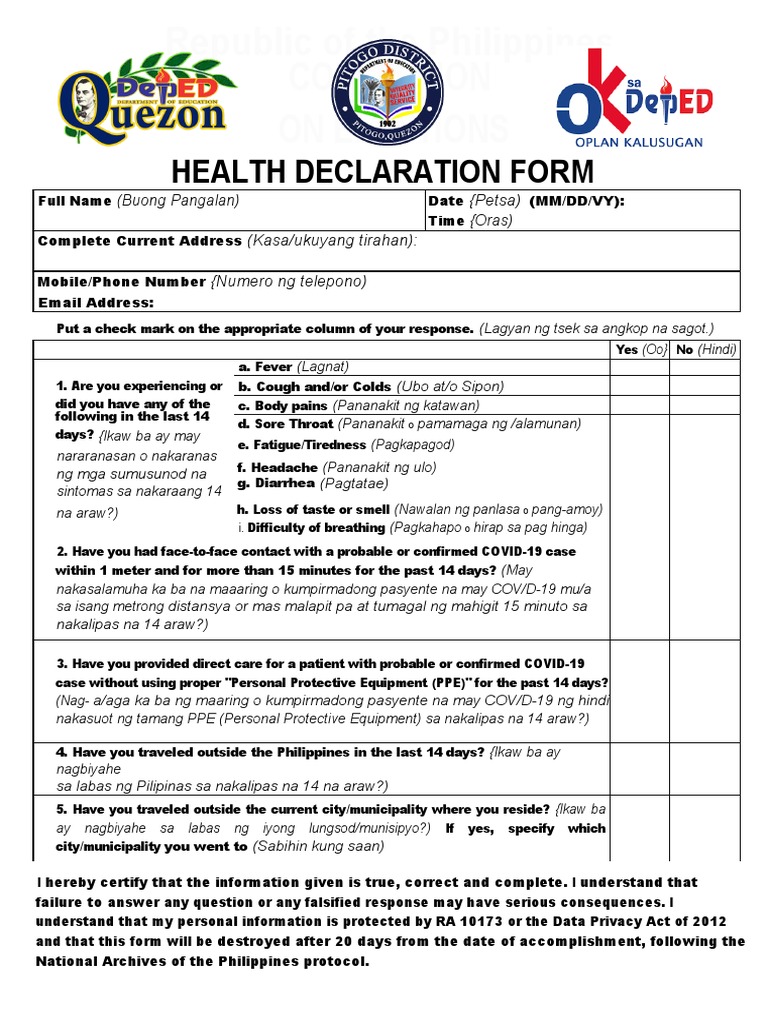 Health Declaration Form For Visitors | PDF | Public Health | Clinical Medicine