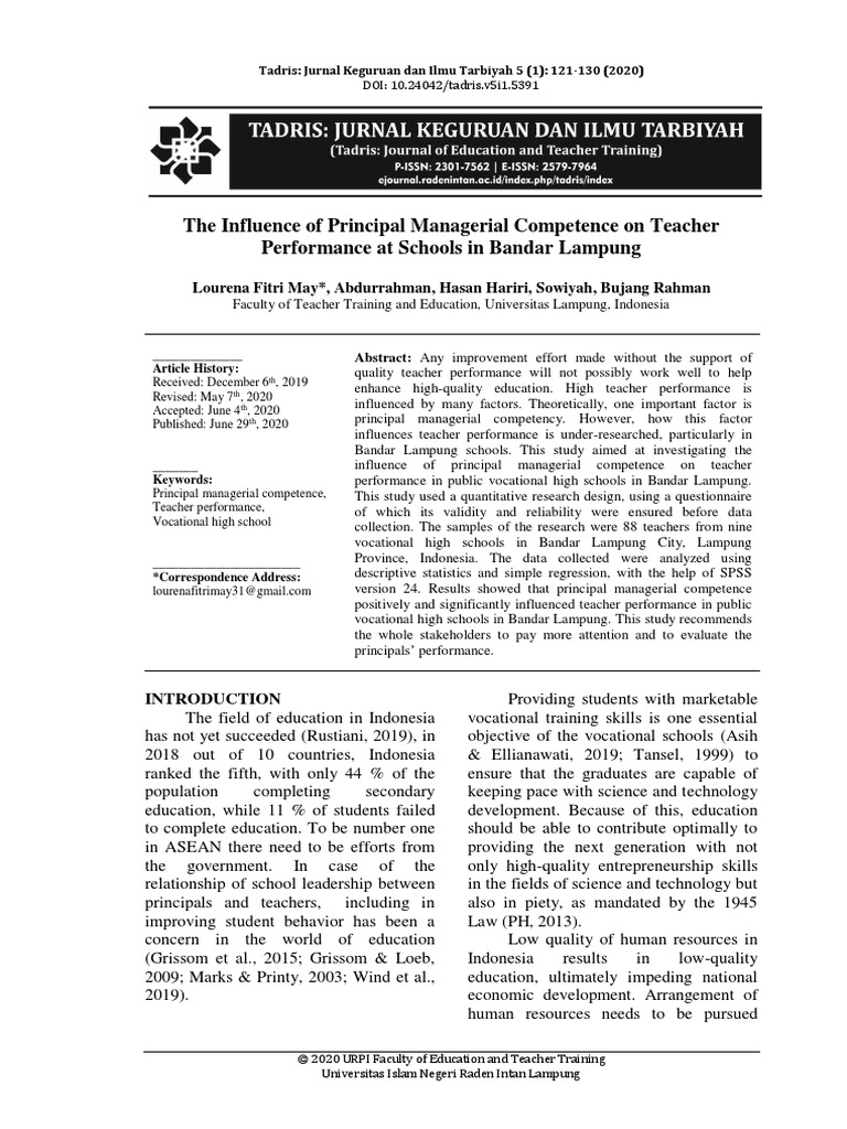 15 May, Hariri Et Al 2020 Influence of Principal Managerial Competence | PDF | Teachers ...
