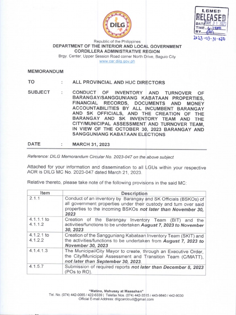 Memo - Re - CONDUCT OF INVENTORY TURNOVER OF BARANGAY - SK PROPERTIES ...