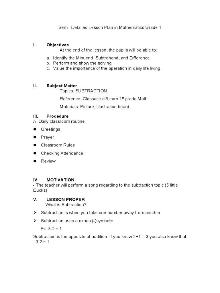 Grade 1 Subtraction Lesson Plan | PDF