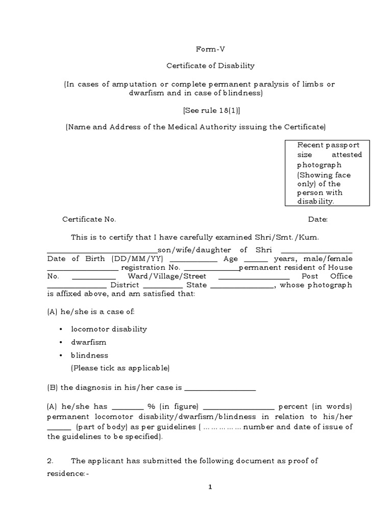 Disability Certificate Form-V Template | PDF