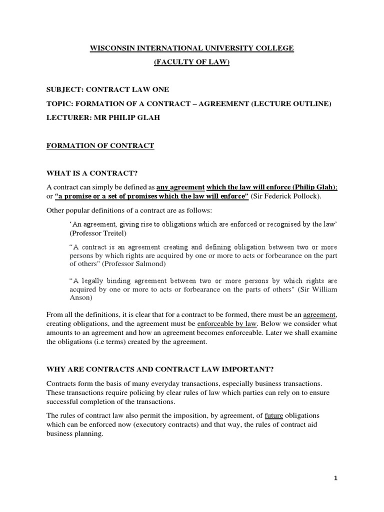 Contract Law 1 (Introduction to Formation of Contract, Lecture Outline ...
