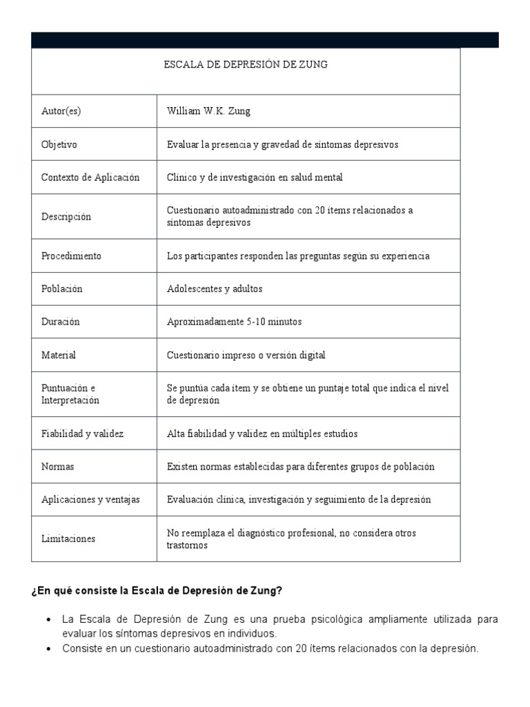 Escala de Depresión de Zung | PDF | Trastorno depresivo mayor ...
