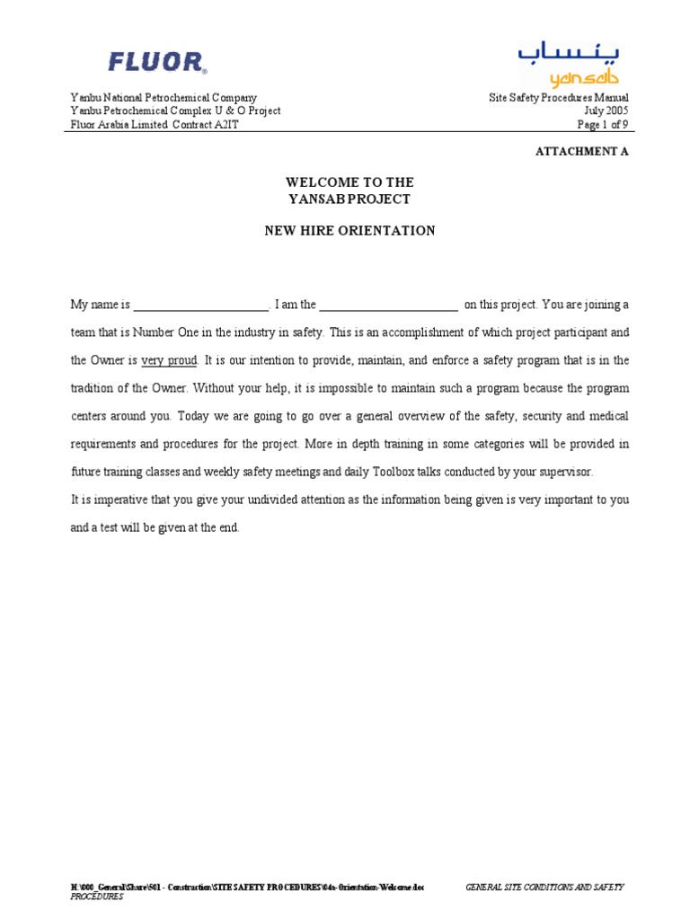 YANSAB Project Safety Orientation Guide | PDF