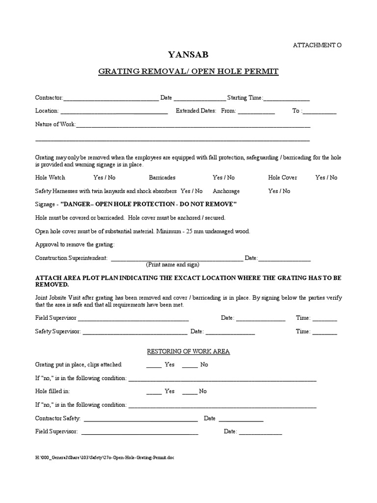 27o Open Hole Grating Permit | PDF | Safety