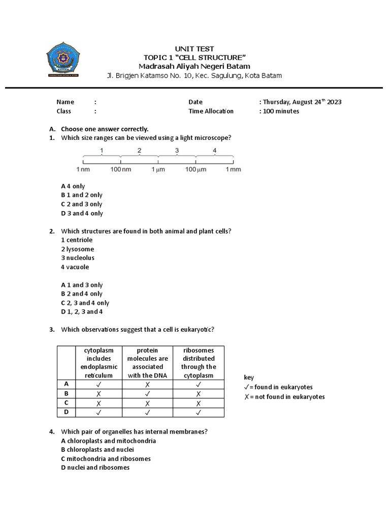 Unit Test Cell Structure | PDF | Cell (Biology) | Ribosome