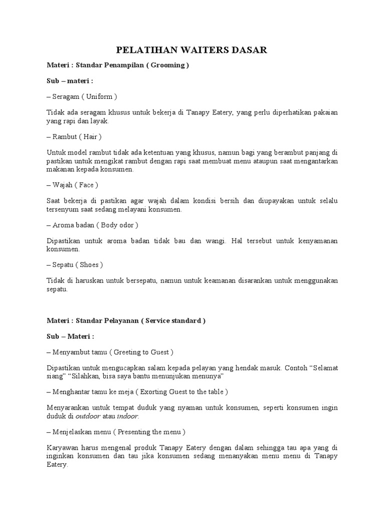 Pelatihan Waiters Dasar | PDF