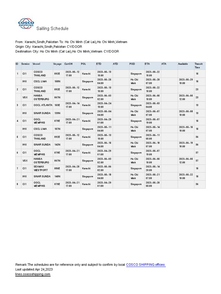 Sailing Schedule: COSCO SHIPPING Offices | PDF