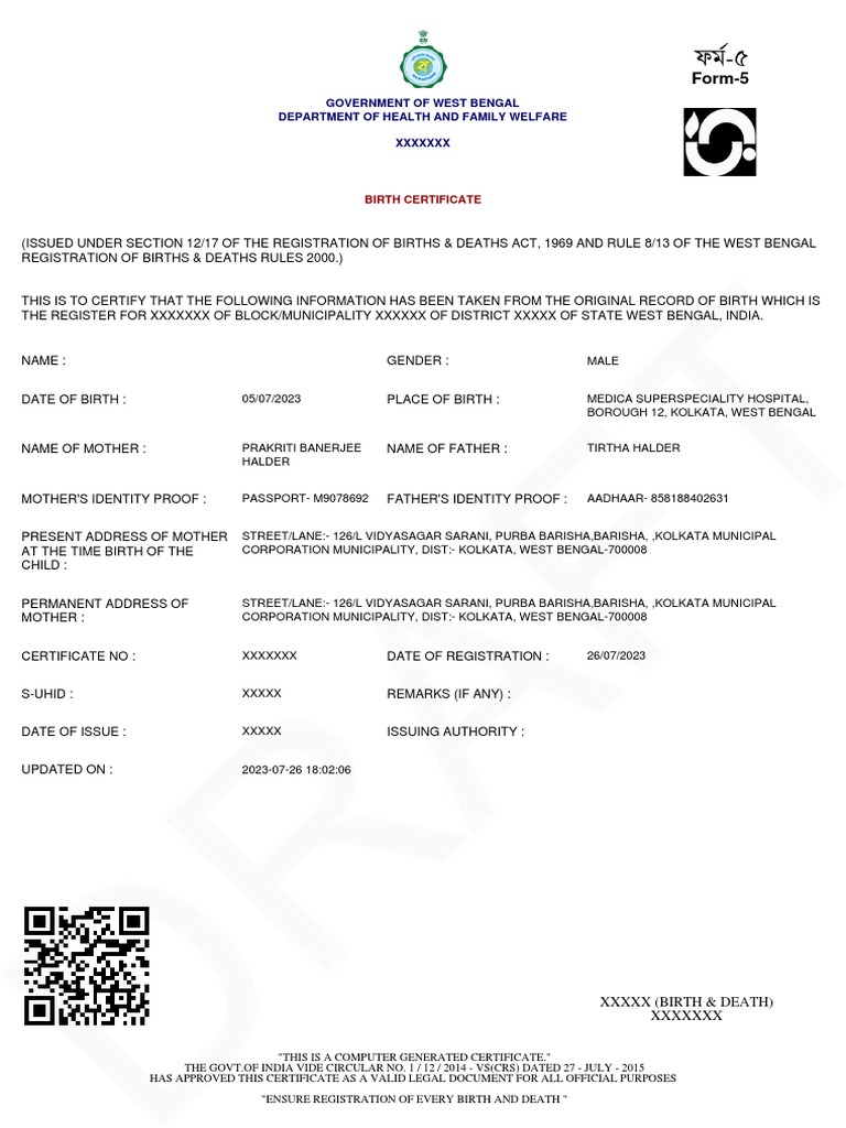 West Bengal Birth Certificate | PDF