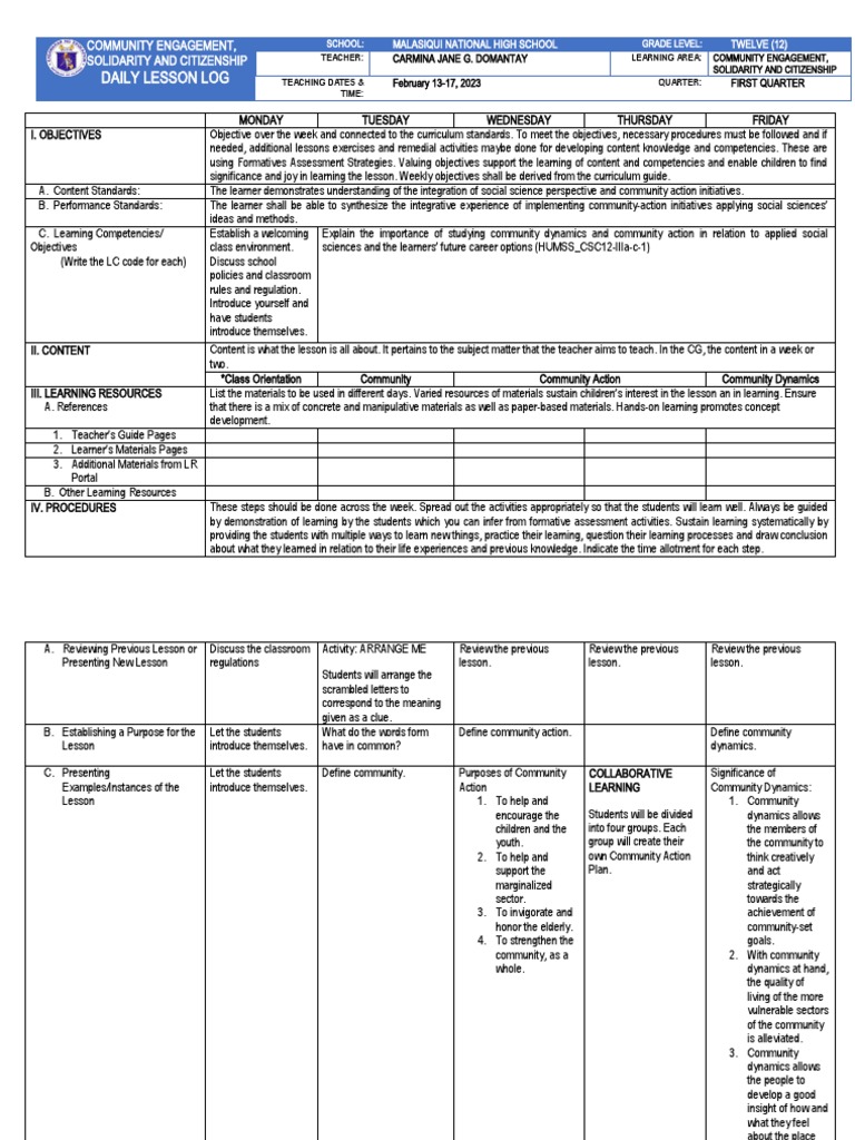 DLL - Community Engagement SC - Quarter 1 | PDF | Learning | Teachers